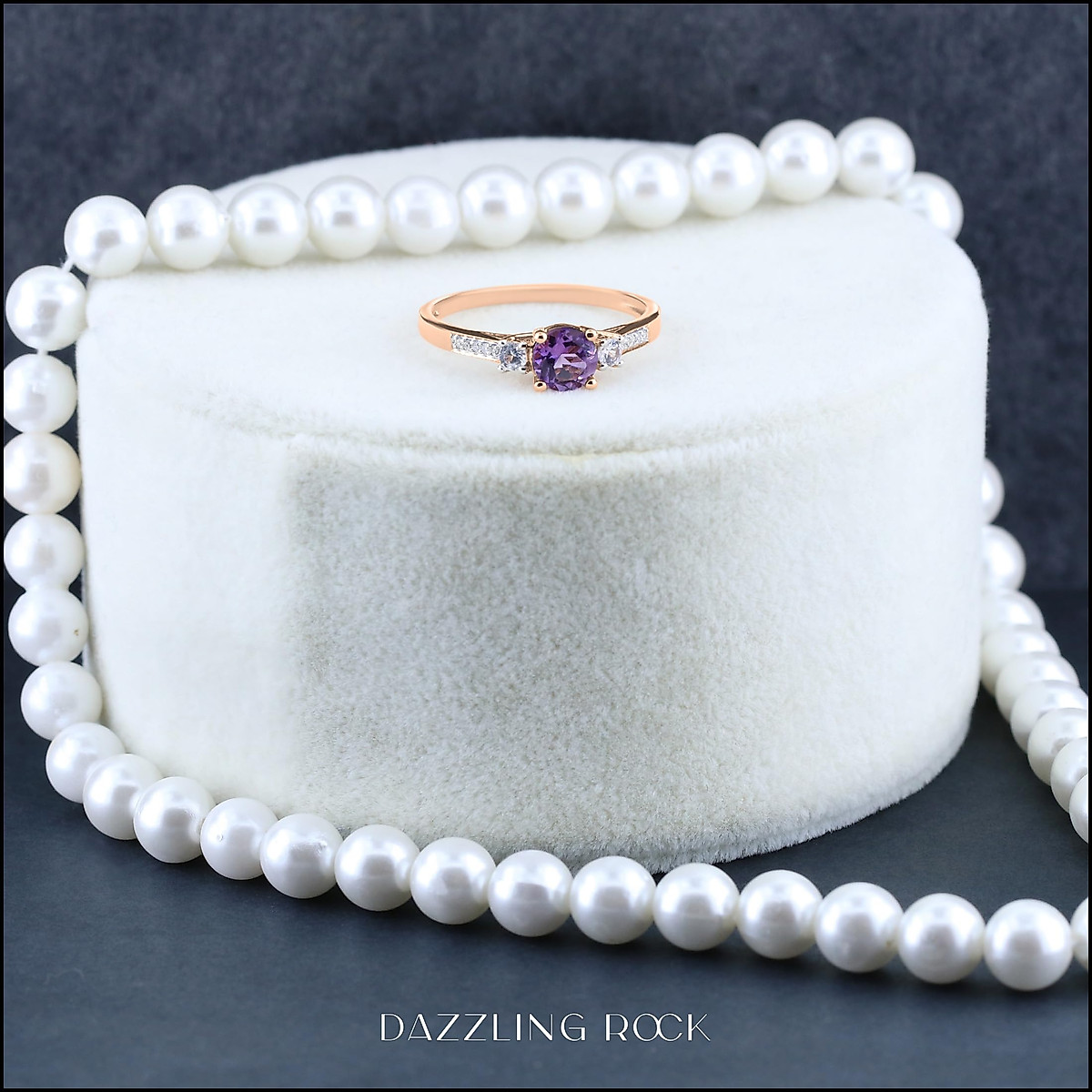 Dazzlingrock Collection 6 MM Round Amethyst,White Sapphire & Diamond Engagement Ring in 10K Rose Gold, Size 7