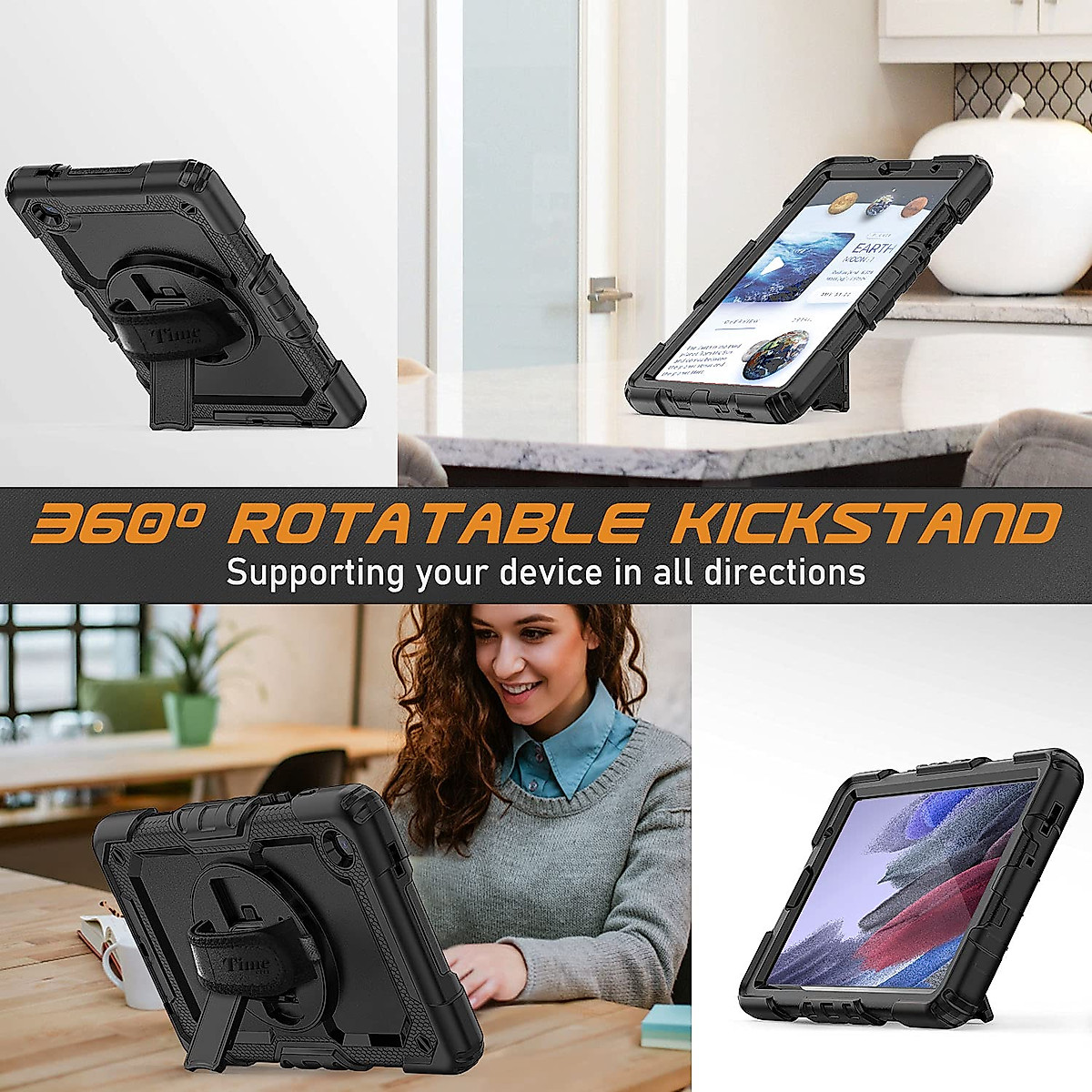 Timecity Case for Samsung Galaxy Tab A7 Lite 2021 8.7'' SM-T220/T225/T227 with Screen Protector, Heavy Duty Rugged Full-Body Protective Case with 360 Rotating Stand, Hand/Shoulder Strap Case, Black