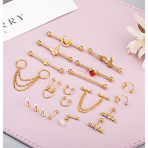 NICEIGHT 20Pcs 316L Stainless Steel Industrial Barbell Earring Cartilage Earring Helix Tragus Studs Conch Daith Piercing Jewelry G