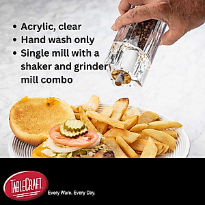 Tablecraft Salt Pepper Mill Grinder, 2 in 1 Square Clear Acrylic Combo Set, Grinding Seasoning and Spices, Commercial Foodservice and Restaurant Grade, 30 ml Shaker, 75 mil Grinder, Break Resistant