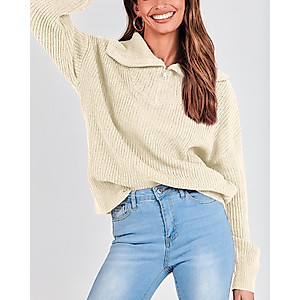 KIRUNDO Women's 2024 Fall Winter Long Sleeve Quarter Zip Pullover Casual V Neck Ribbed Knit Sweaters Jumper Tops(Beige White, Large)