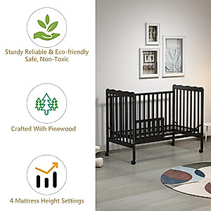 HIROHRTV Baby Crib 3-in-1 Convertible, Modern Baby Bed with Locking Wheels, Convertible Crib to Toddler Bed & Daybed, Wood Cribs for Baby, Nursery, Infant Bed for Small Spaces (Black)