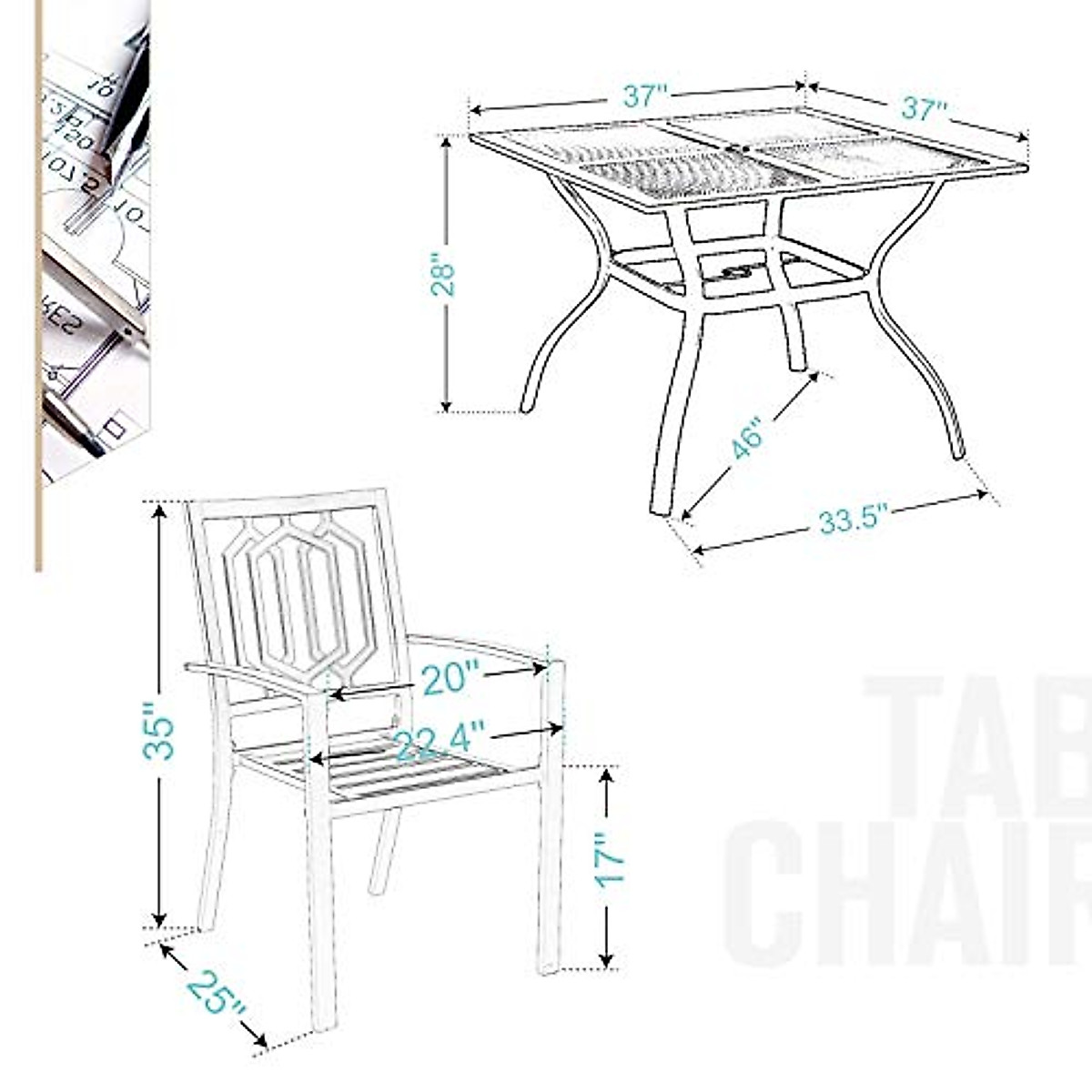PHI VILLA 5-Piece Metal Patio Outdoor Table and Chairs Dining Set- 37" Square Bistro Table and 4 Backyard Garden Chairs, Table with 1.57" Umbrella Hole