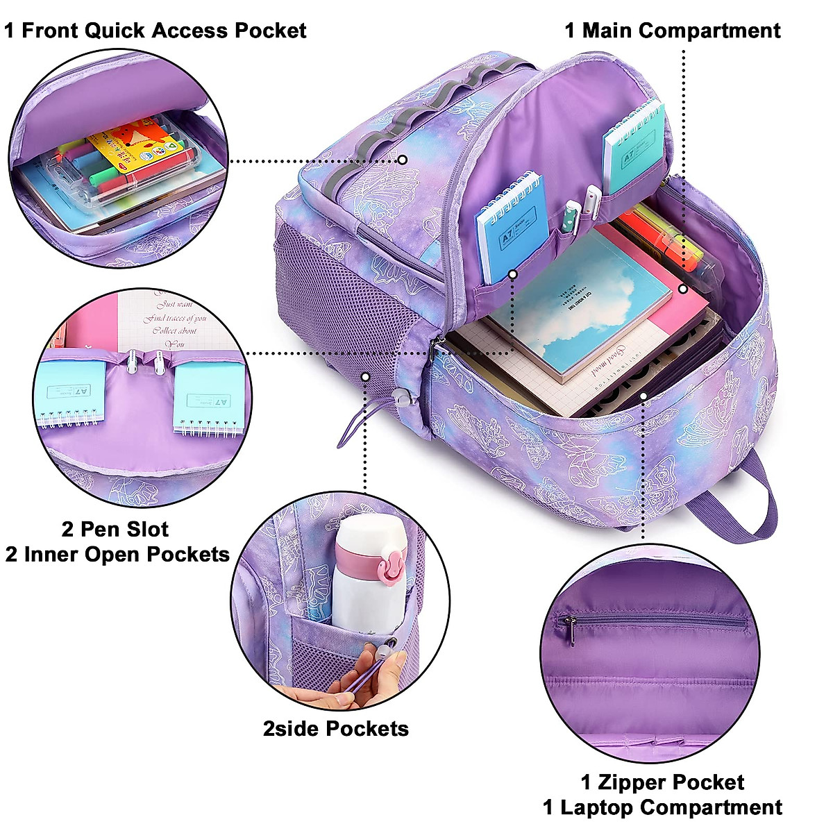 CAMTOP Backpack for Girls Luminous Water Resistant Lightweight School BookBag Casual Daypack for School Travel Hiking (Purple Butterfly)
