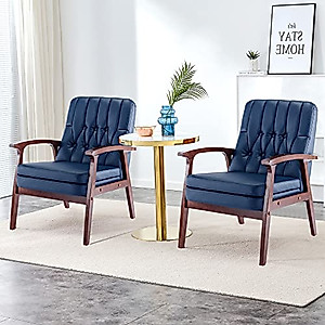 Setawix PU Leather Accent Arm Chairs Set of 2, Solid Wood Mid Century Living Room Chair with Arms,Faux Leather Upholstered Single Sofa Chair,Farmhouse Channel Tufted Reading Bedroom Chair (Navy, 2PC)