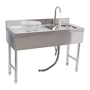 Freestanding Stainless Steel Sink, Commercial Restaurant Sink w/Faucet & Drainboard for Cafe, Bar, Hotel, Garage, Laundry Room w/Workbench & Storage Shelves Indoor Outdoor