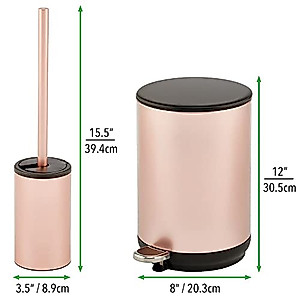 mDesign Slim Stainless Steel Toilet Bowl Brush and Holder + Round Gallon Step Garbage Can Wastebasket Bin for Bathroom Cleaning/Storage - Holder for Garbage and Waste - Set of 2 - Rose Gold/Black