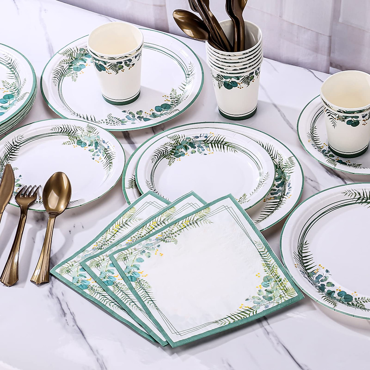 Decodinli 100 PCS Greenery Party Supplies, Greenery themed Disposable Plates and Napkins for Bridal Shower Decorations, Birthday, Baby Shower, Gender Neutral, Serves 20