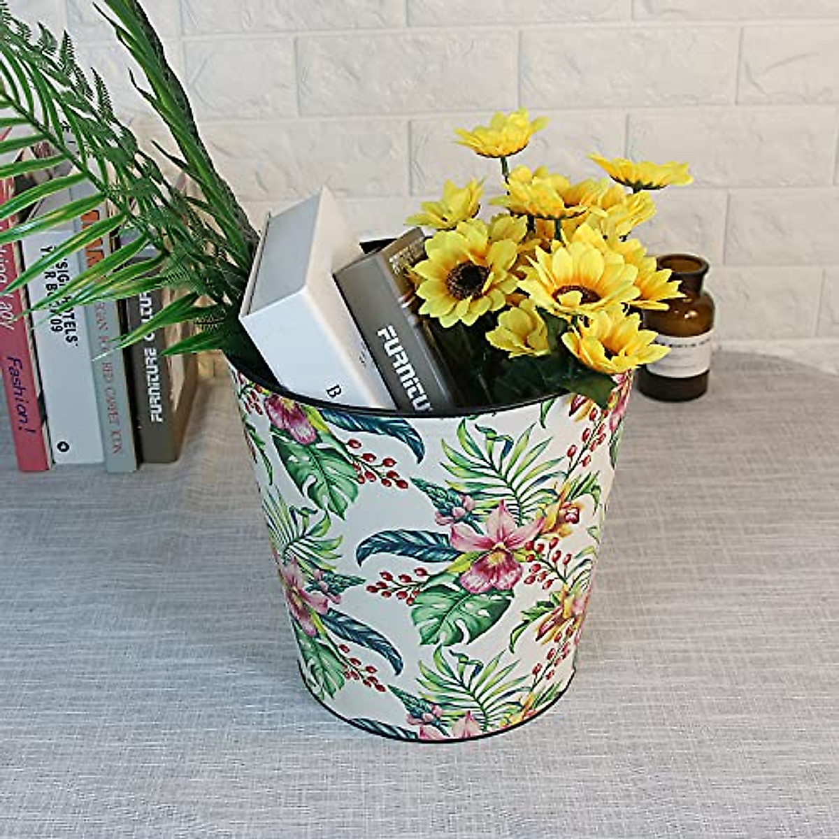 Wansan Iron and Leather Round Large Household Trash Can, Creative Can Without Lid,Suitable for Cans in Bathrooms, Kitchens, Home Offices, Bedrooms, Offices-10L Palm Tree Green Leaf 21*26cm