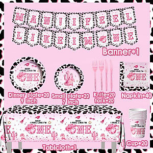 Western Cowgirl Birthday Party Decoration,142Pcs Pink Disco Cowgirl 1st Tableware Set I’m One Cowgirl Plates Napkins Cowgirl Tablecloth for My First Rodeo Let’s Go Cowgirl 1st Baby Shower Decoration
