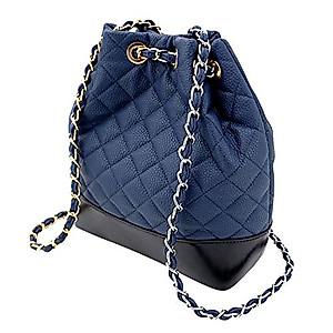 Womens Small Quilted Vegan Leather Hobo Backpack Satchel Fashion Casual Travel Shoulder Bags Crossbody Purse Daypacks Mini Bucket Bag (Navy)