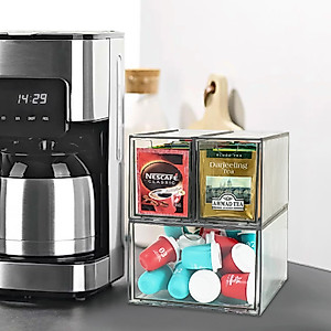 3 Acrylic Coffee Pod Holder Drawer, Stackable K Cup and Tea Bag Organizer, Tea Bag Storage Organizer for Kitchen Organizers and Storage, Multi-Functional Kitchen Organizer, Home Organizer (Clear)
