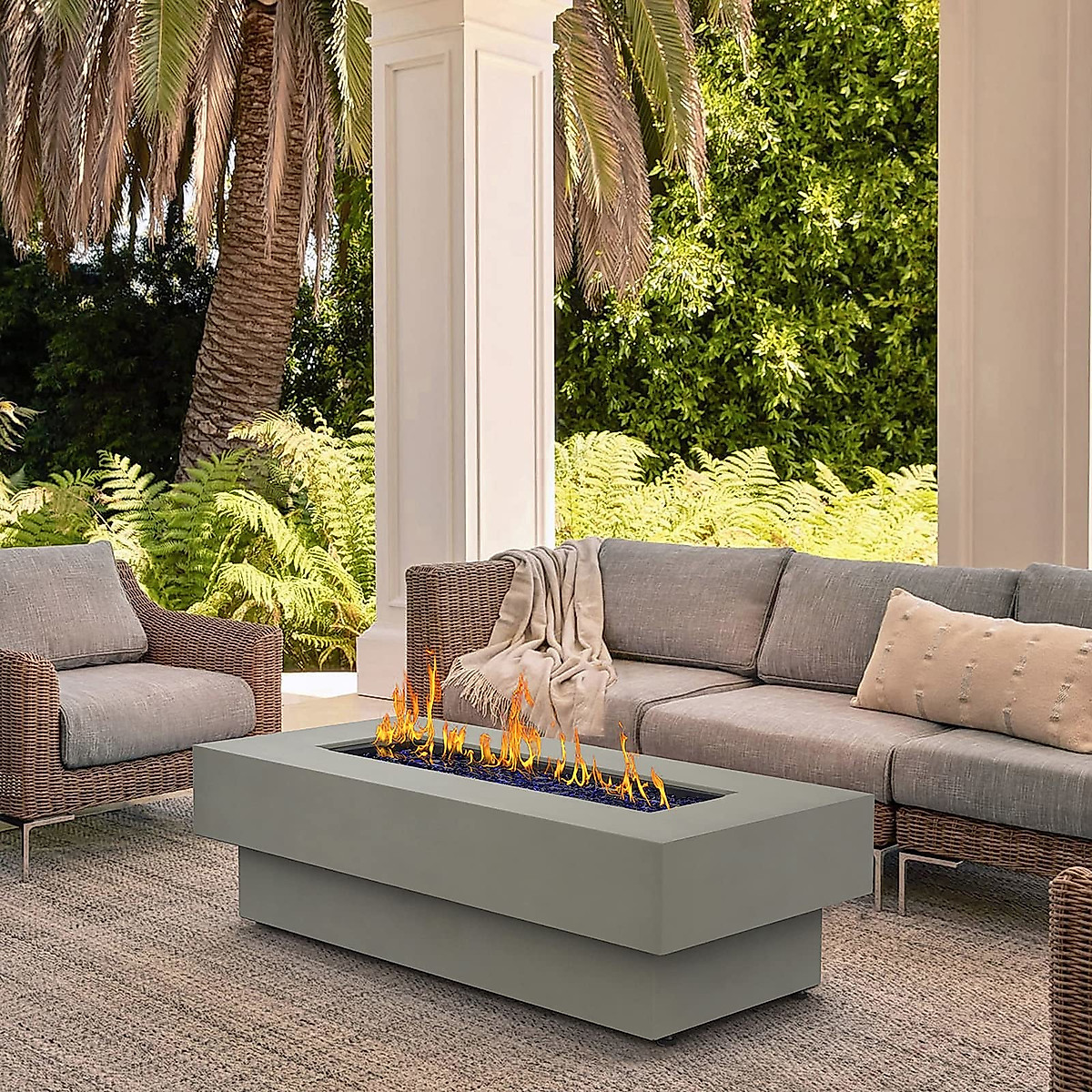 BAIDE HOME Outdoor Low Profile Fire Table, 48-inch Rectangle Propane Gas Fire Pit Table, 50,000 BTU Modern Firepit w/Lid, Fire Glass, Cover, Pre-Attached 10ft Propane Hose, Flint Gray