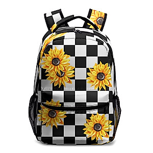 Dacawin Sunflower Floral Backpack Flower School Backpacks Durable Casual Black And White Check Plaid School Bookbag Daypack for Women Girls Kids