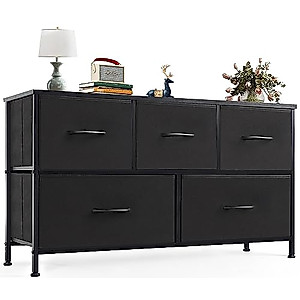 OLIXIS Organizer Storage 5, Chest of Drawers with Fabric Bins, Long Dresser with Wood Top for Bedroom, Closet, Entryway, Black