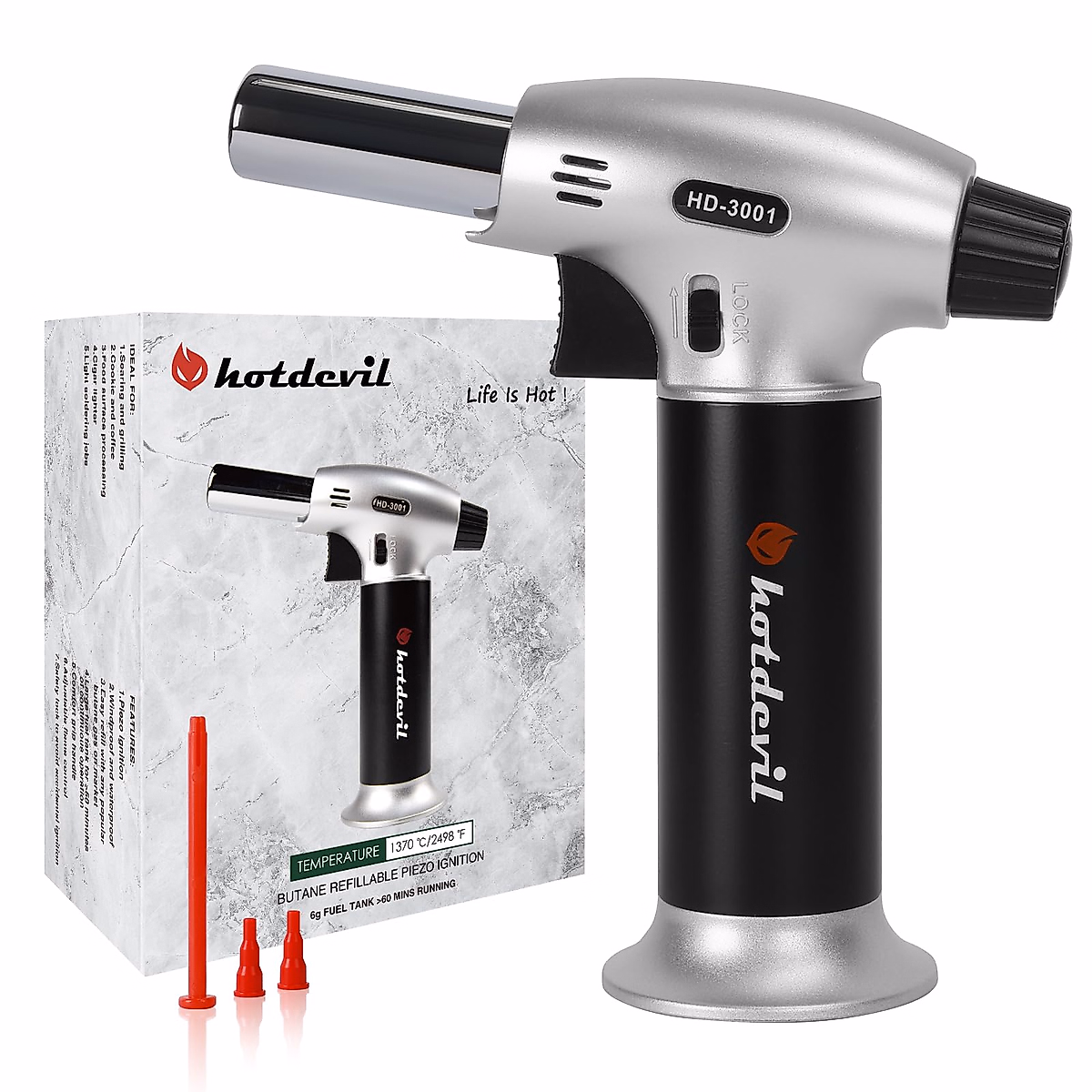 Hotdevil Butane Culinary Torch 6g Refillable Tank Cooking Kitchen Torch Lighter Fit All Butane Cartridge Blow Torch/w Safety Lock Adjustable Flame for BBQ Creme Brulee Dessert(Butane Gas Not Include)