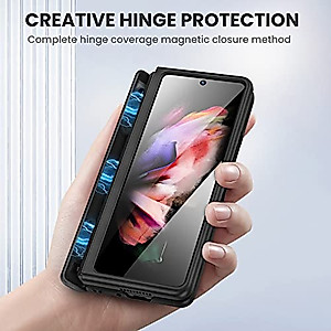Ruky for Samsung Galaxy Z Fold 3 Full Body Case, Magnetic Kickstand, Hinge Protection, Built-in Screen Protector PU Leather Stand Case for Samsung Galaxy Z Fold 3 5G, Black