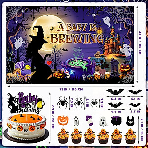 Halloween Gender Reveal Decorations Pack A Baby Is Brewing Party Supplies Include Balloons Tablecloth Backdrop Cake Topper 3D Bat Spider Wall Sticker Baby Shower Decorations Kits (Gender-01)