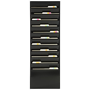 Displays2go File Folder Wall Rack with 11 Tiered Pockets, Shows Only The Top Portion of a File Folder, Office Filing Rack for Wall Mount - Black Powder-Coated Steel