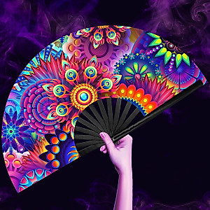 OMyTea UV Glow Rave Fan Foldable for Women/Men/Drag Queen - Large Clack Festival Folding Hand Fan - for EDM, Music Festival, Event, Party, Dance, Performance (Fantasy Flowers)