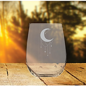 Crescent Moon Crystal - 15 oz Engraved Stemless Glass - Birthday Wine Gift - Love Potion - Mothers Day - Christmas - Apothecary Bar Collection - Full Moon Phase - Celestial Lunar - Witch Vibe - Tarot