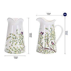 Bico Bird On Tree Ceramic 2.5 Quarts Pitcher with Handle, Decorative Vase for Flower Arrangements, Dishwasher Safe