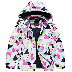 CREATMO US Girl's Waterproof Winter Snow Coat Hooded Windproof Ski Fleece Jacket Geometry 14/16