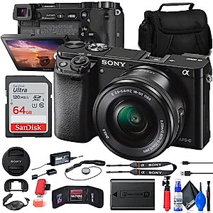 Sony Alpha a6000 Mirrorless Camera with 16-50mm Lens (ILCE6000L/B) + 64GB Card + Card Reader + Case + Flex Tripod + Hand Strap + Memory Wallet + Cap Keeper + Cleaning Kit (Renewed)