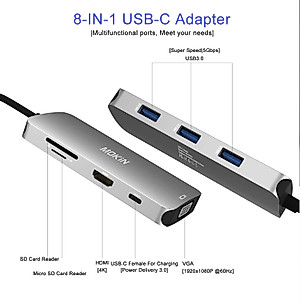 USB C Hub Multiport USB C Adapter for MacBook Pro 2021 2020,USB C Hub USB C to HDMI VGA SD TF Card Reader 3USB 3.0 and USB C Power Pass-Through Port