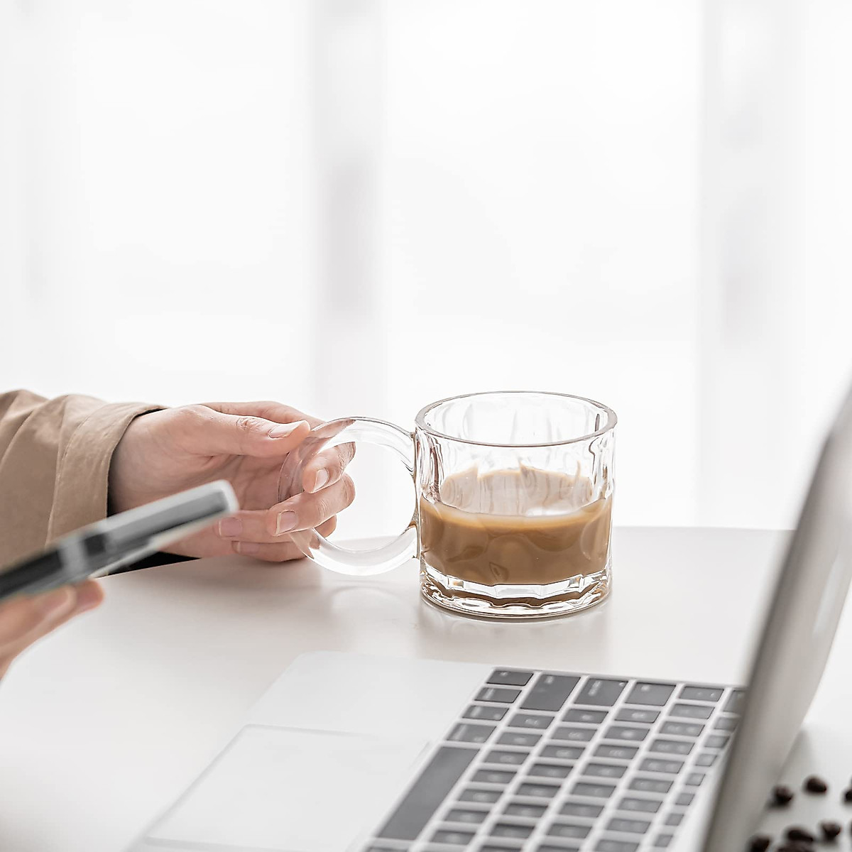 HolaJia Espresso Cups Glass Coffee Mugs 8.4 Oz Set of 2,Clear Embossed Tea Cups,Vintage Glassware with handle,Demitasse Glasses for Cappuccino,Latte,Hot Beverage(Begonia)