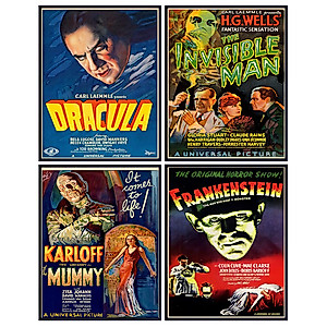 Dracula - The invisible Man - The Mummy - Frankenstein - Vintage Horror Monster Movie Poster Set - Home Theater Wall Art Decorations - Creepy Classic Scary Movie - Man Cave, Boys Bedroom, Teens Room