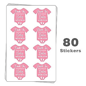 Cute Thank You for Showering Our Baby with Love Pink Baby Onesie Shaped Girl Baby Shower Thank You Stickers Labels for Girl Baby Shower Birthday Party Favor Label Decorations(10 in,80 Labels)
