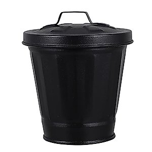 UKCOCO White Desk Metal Trash Can with Lid Wastebasket Small Buckets Tinplate Tin Pails Tabletop Storage Containers Organizer for Home Office Bathroom Kitchen Party Favors Black Recycle Bin