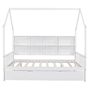 Wood Twin Bed w/ Trundle, Open Shelf & Roof for Boys Girls, House Bed w/ Trundle Bookcase & Wood Support Slats, No Box Spring Needed, Boys Girls Twin House Bed w/ Shelf Bookcase for 2 Kids Bedroom