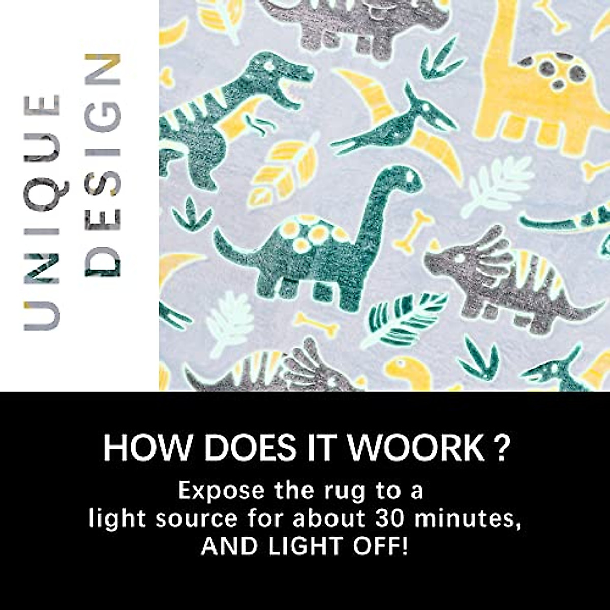 Various Dinosaur & Leaf Pattern2 Glow in The Dark Area Rug Area Rug for Living Room Bedroom Playing Room Size 5'x6'