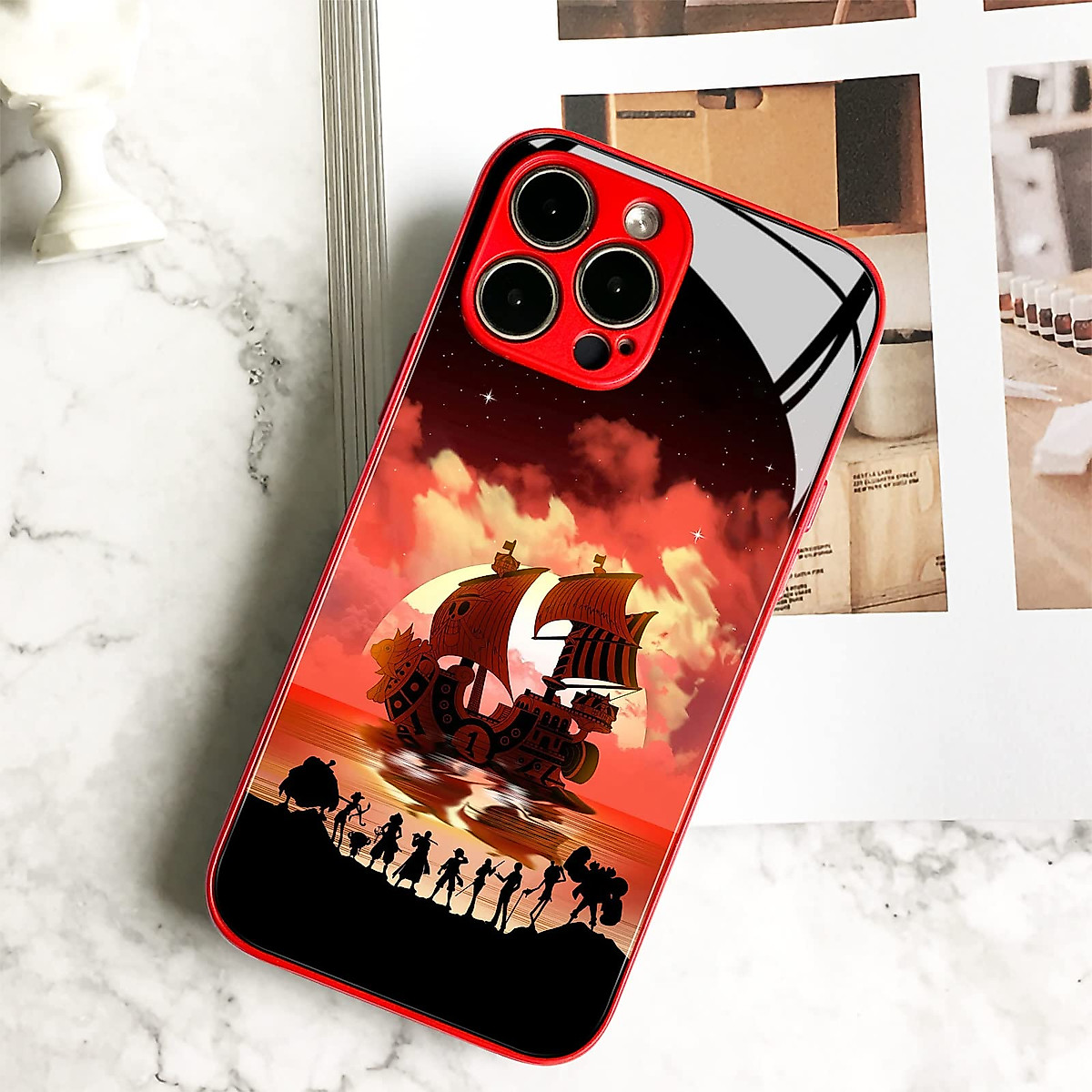 Japanese Anime Anti-Drop Color Soft Silicone Protective Shell Manga Pattern Tempered Glass Covers Multicolor Phone Case Red Mugiwara Pirates Straw Hats Crew Thousand Sunny for iPhone 14 Pro Max