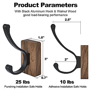 IURRDOP 4 PCS Black Walnut Wood Wall Hooks Adhesive Mounted & Wall Mounted Rustic Decorative Entryway Hooks Mid Century Modern Natural Wooden Pegs for Hanging Coat Clothes Hat Bag Purse and Towel