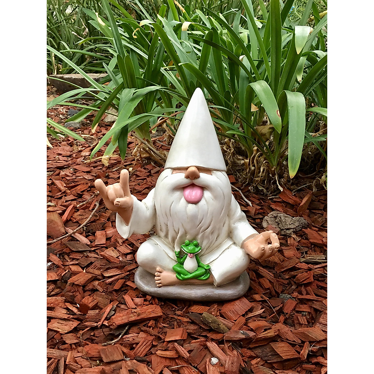 GlitZGlam Rocker Gnome George with Zen Frog - This Garden Gnome Combines Peace, Tranquility and Rock N Roll for Your Fairy Garden