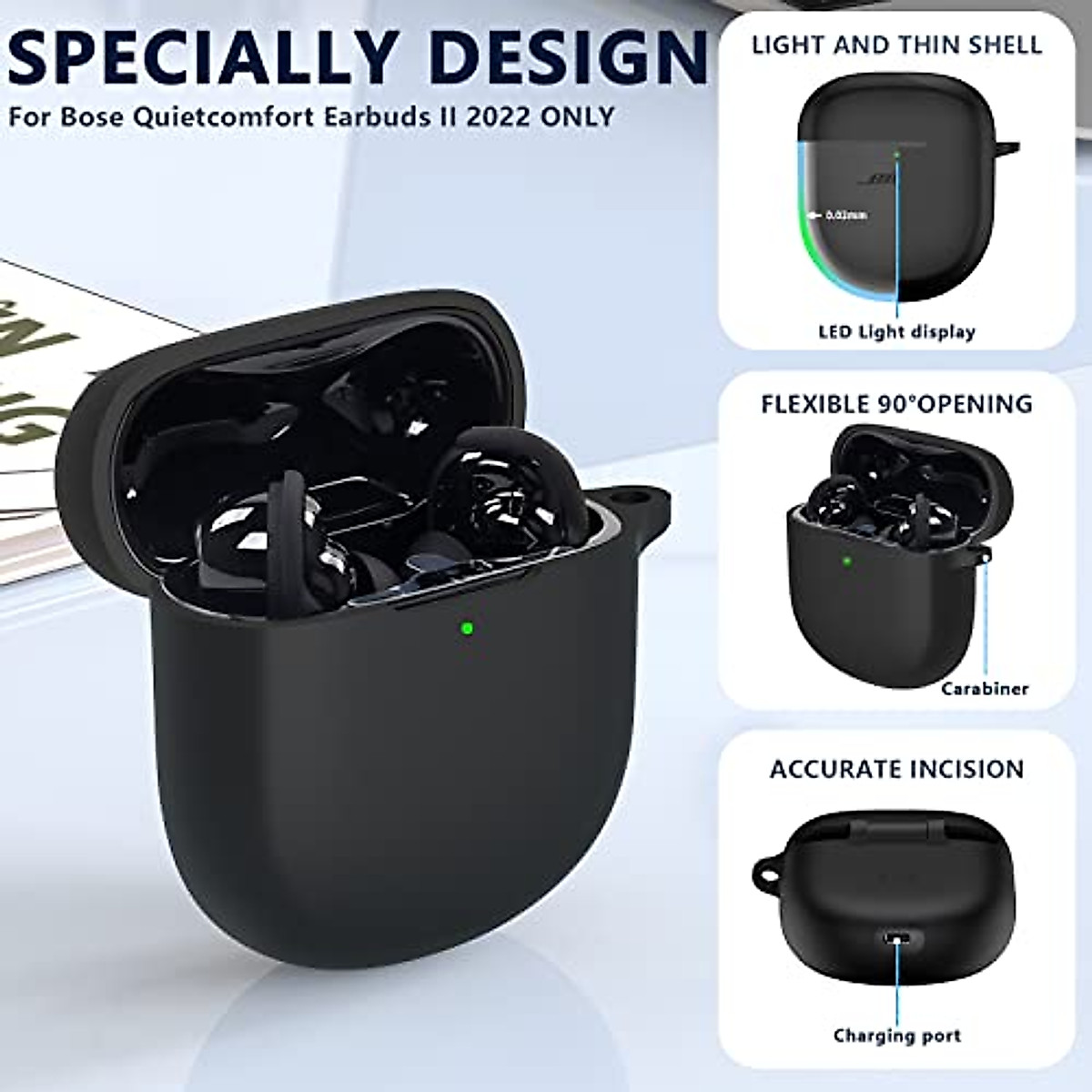 Case for Bose QuietComfort Earbuds II (2022),Bose Quietcomfort Earbuds ii Silicone Case Cover Cleaner Kit and Keychain Accessories(Black)