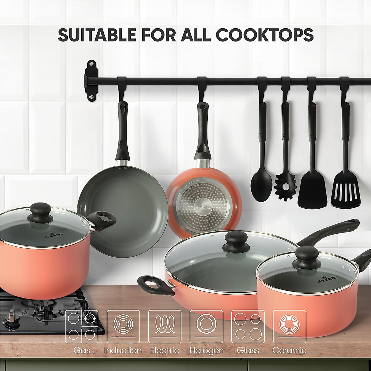 Flamingpan 12 Piece Nonstick Pots and Pans Sets,Kitchen Cookware with Ceramic Coating,Dishwasher Safe,Frying Pan Set with Lid, Induction Pots and Pans with Clearance,Suitable for Any Cooktop