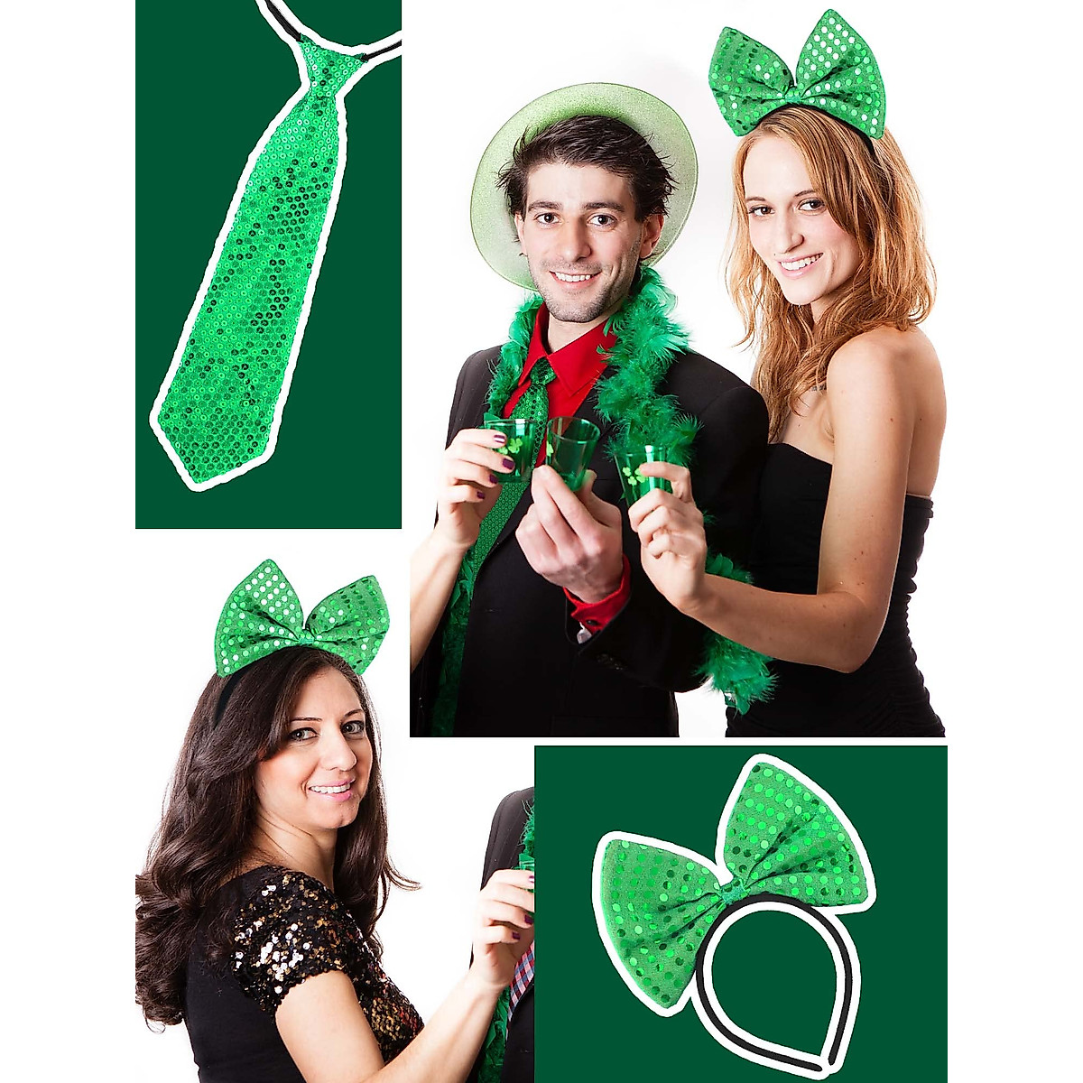 5 Pcs St Patrick' S Day Costume Accessories Set Includes Green High Socks Green Bow Headband Y Shape Suspenders Neck Tie Gree Bow Tie for Women Men St.Patrick's Day Decoration Party Supplies
