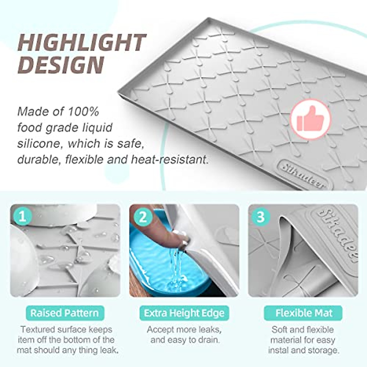 SIKADEER Under Sink Mat for Kitchen Waterproof, 34" x 22" Silicone Under Sink Liner, Hold up to 3.3 Gallons Liquid, Kitchen Bathroom Cabinet Mat and Protector for Drips Leaks Spills Tray (Grey)