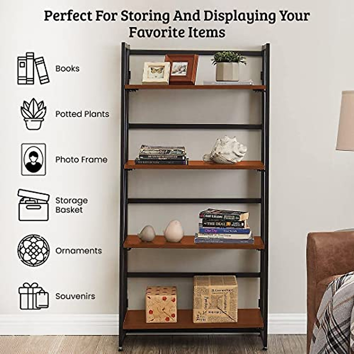 Halter 4-Tier Industrial Bookshelf Standing Shelving Unit Folding Book Shelf Organizer Wood Bookshelf Shelves for Living Room Office or Bedroom 2 Pack Brown