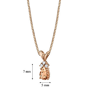 PEORA 14K Rose Gold Morganite and Diamond Pendant for Women, Genuine Gemstone Dainty Teardrop Solitaire, Pear Shape, 7x5mm