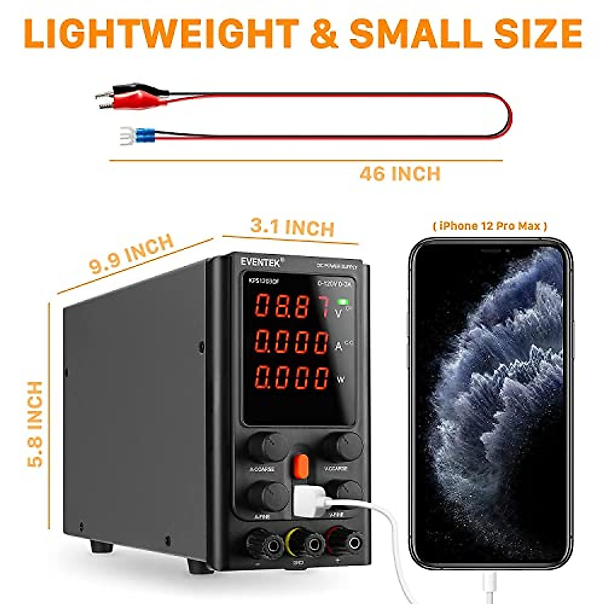 Eventek DC Power Supply Variable, 120V 3A Adjustable Switching Regulated DC Bench Linear Power Supply with 4-Digits LED Power Display 5V2A USB Output, Alligator Leads US Power Cord for Laboratory