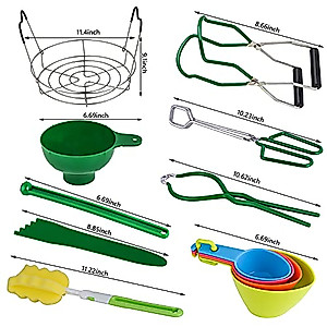 Canning Kit, 13 in 1 Canning Supplies Include Steamer Rack, Canning Funnel, Jar Lifter, Jar Wrench, Canning Tongs, Lid Lifter, Bubble Popper, Jar Brush, Canning Ladle, 4pcs Measuring Cups (Green)