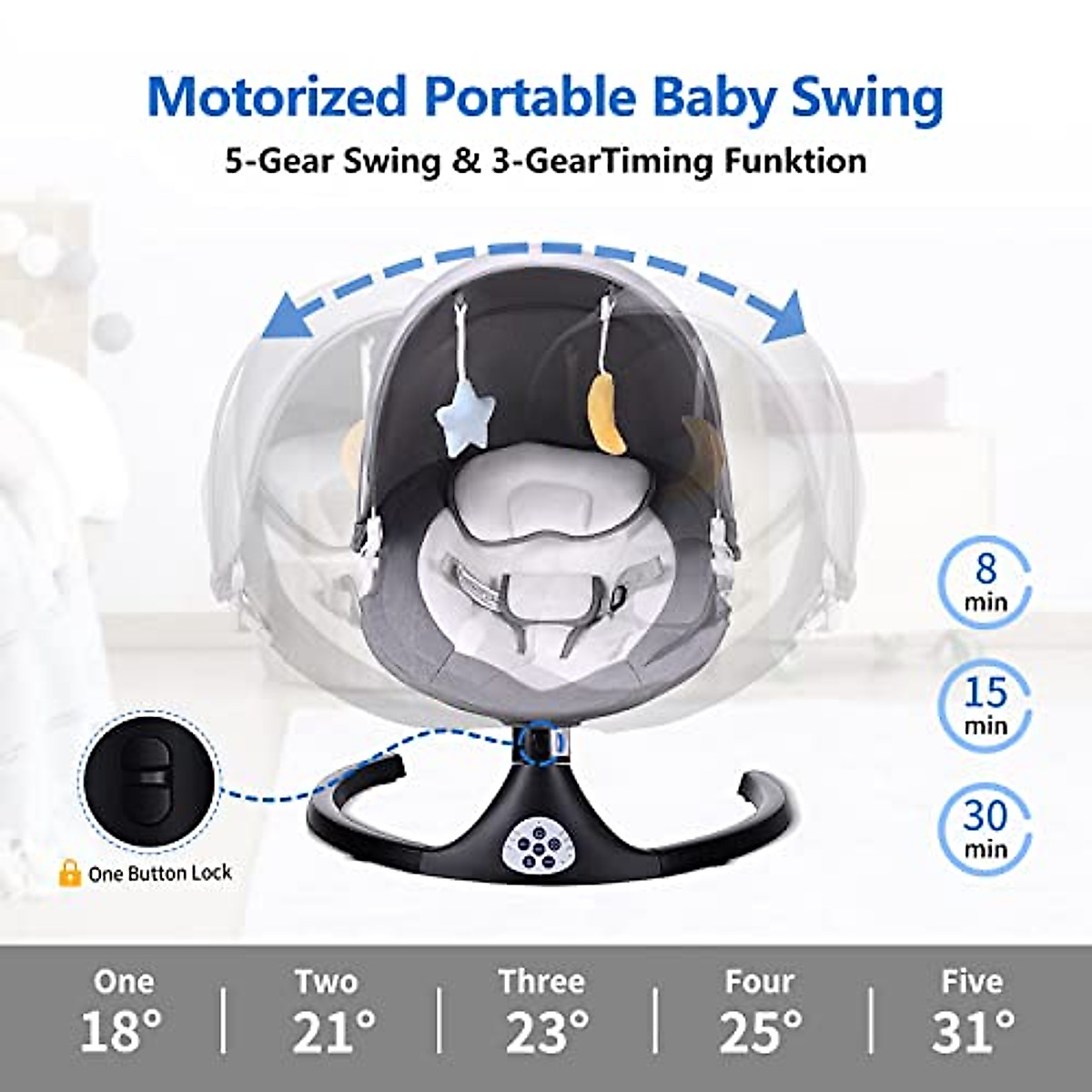 ZRWD Baby Swing for Infants, 5 Speed Electric Bluetooth Baby Rocker for Newborn, 3 Timer Settings & 10 Pre-Set Lullabies, Portable Baby Swing with Tray and Remote Control for 5-26 lbs, 0-12 Months