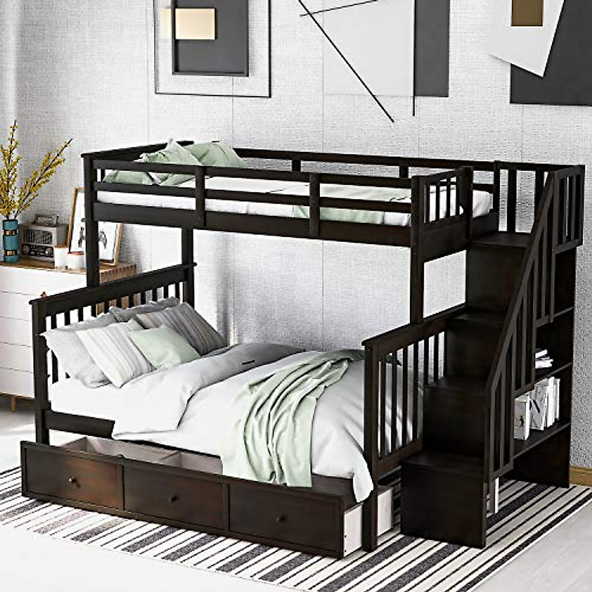 TARTOP Twin Over Full Bunk Bed with Drawer, Wood Bedfram w/Storage Stairway and Guard Rail for Bedroom, Dorm, Adults, No Box Spring Needed,Espresso