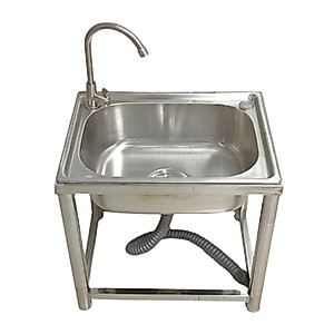 Free Standing Kitchen Sink w/Faucet, Stainless Steel Commercial Restaurant Sink, Washing Hand Basin for Outdoor/Indoor (Single Bowl) (Color : Height 45cm, Size : 50x40cm/20x16in)