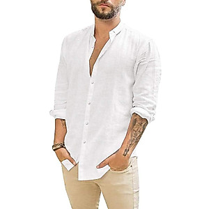 JEKAOYI Mens Casual Long Sleeve Cotton Linen Shirts Buttons Down Solid Plain Roll-Up Sleeve Summer Beach Shirts White